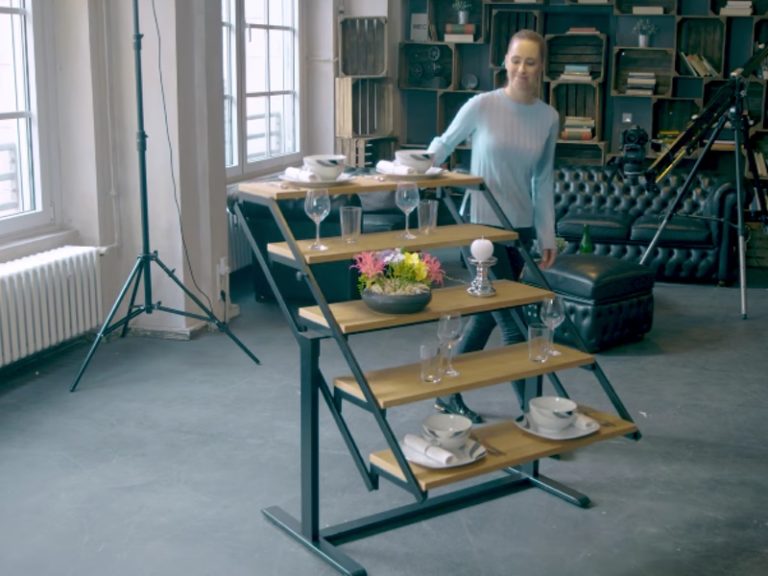 The SWING Shelf Turns into a Dining Table in One Pull